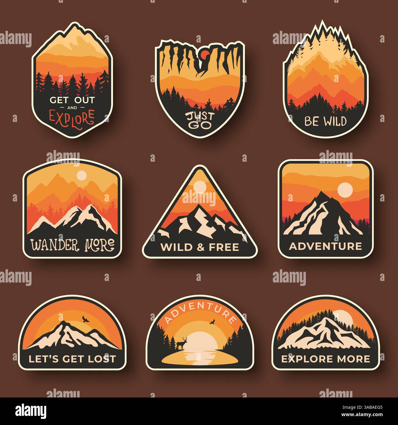Set of nine vector mountain travel emblems. Camping outdoor adventure ...
