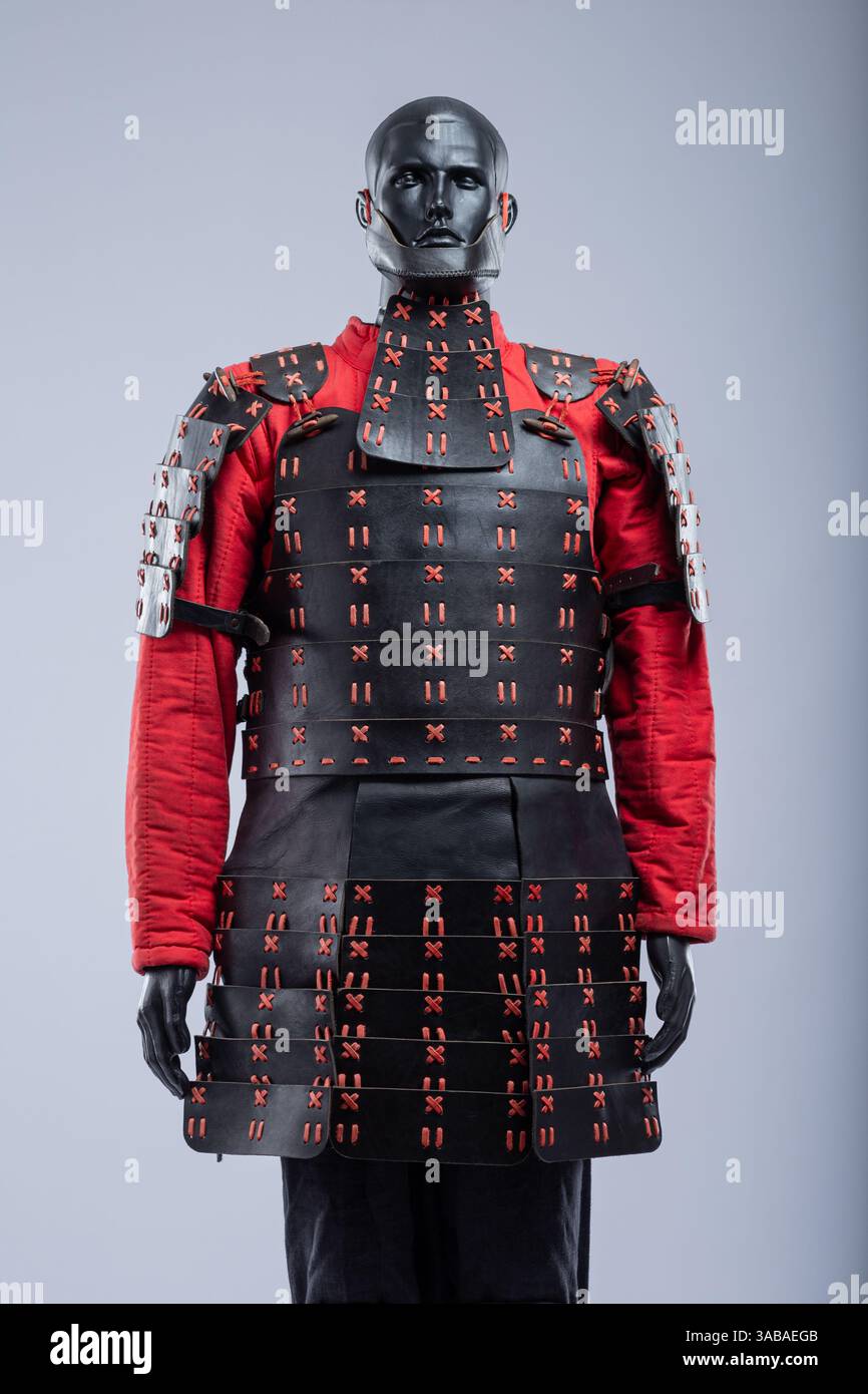 Black and Red Leather Armor Set on Mannequin. Full medieval warrior ...