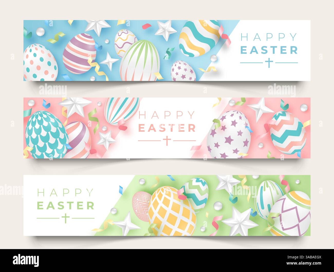 Three Easter horizontal banners with realistic decorated eggs, ribbons ...