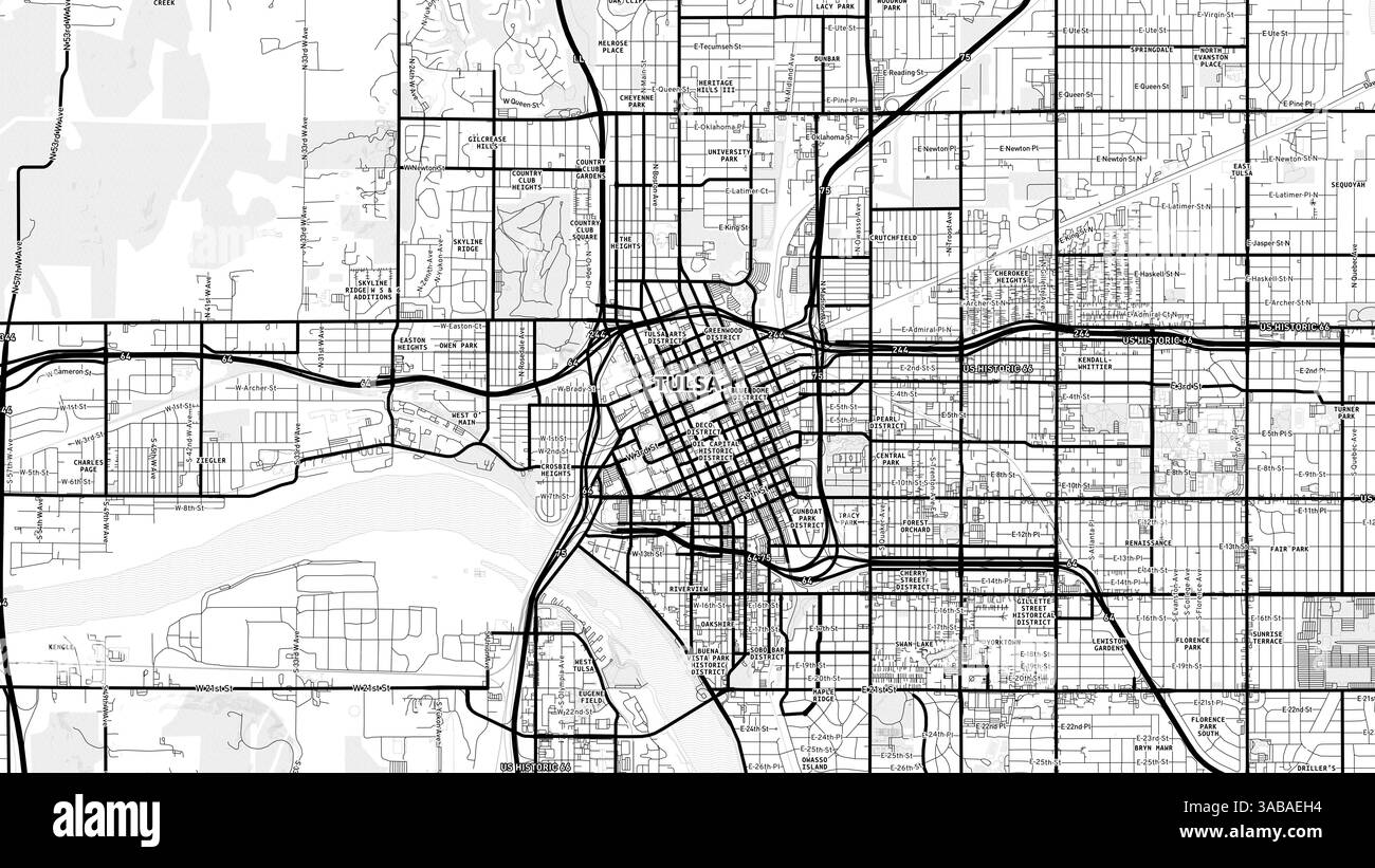 Minimalist Tulsa Street Map with Labels and Neighborhoods with many ...