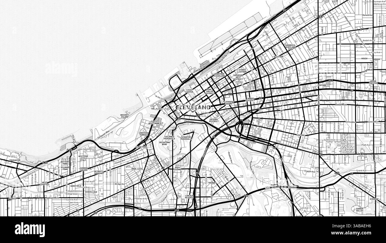 Minimalist Cleveland Street Map with Labels and Neighborhoods with many ...