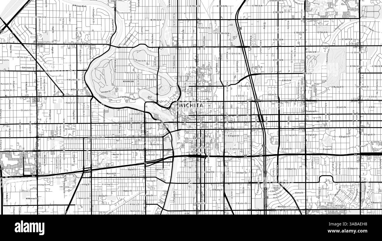 Minimalist Wichita Street Map with Labels and Neighborhoods with many ...
