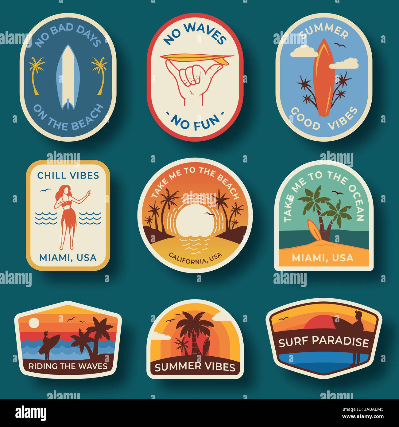 Set of nine beach vector badges. Hand drawn palm trees and beach ...