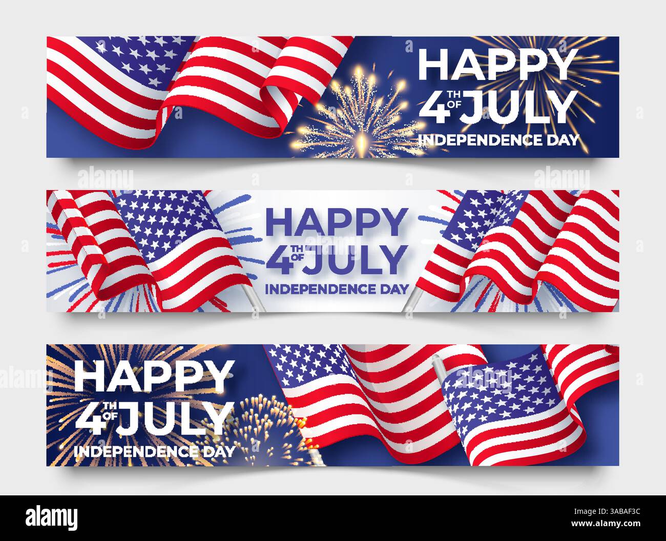 USA Independence day. Three vector horizontal banners with USA flags ...
