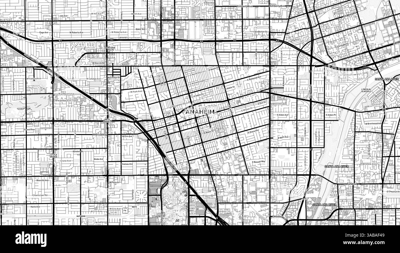 Minimalist Anaheim Street Map with Labels and Neighborhoods with many ...