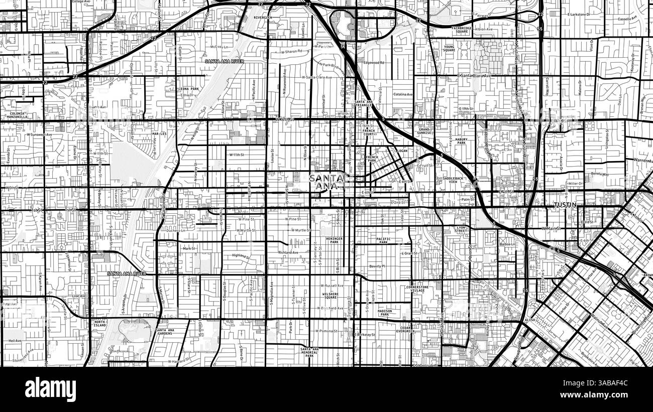 Minimalist Santa Ana Street Map with Labels and Neighborhoods with many ...