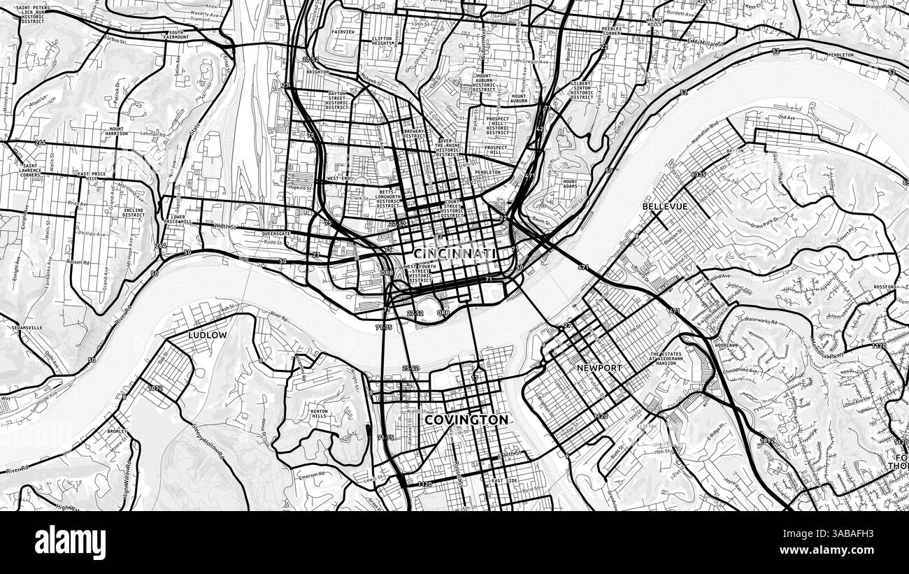 Minimalist Cincinnati Street Map with Labels and Neighborhoods with ...