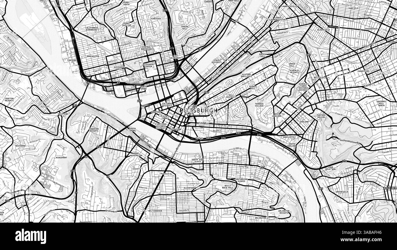 Minimalist Pittsburgh Street Map with Labels and Neighborhoods with ...