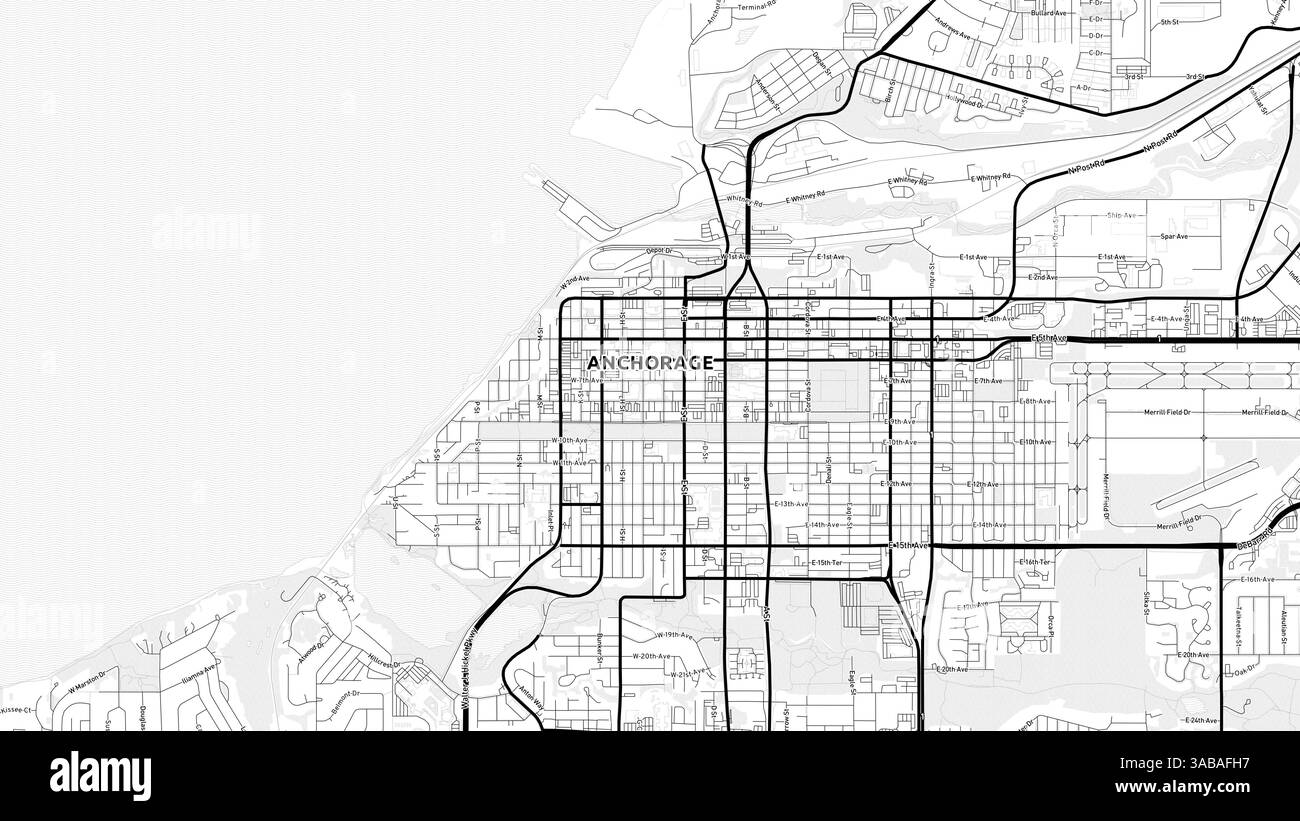 Minimalist Anchorage Street Map with Labels and Neighborhoods with many ...