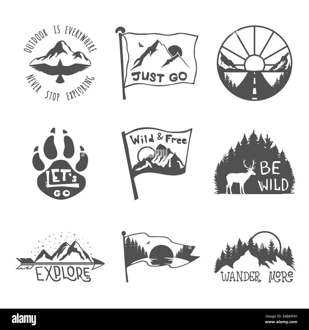 Set of nine vector mountain black travel emblems. Camping outdoor ...