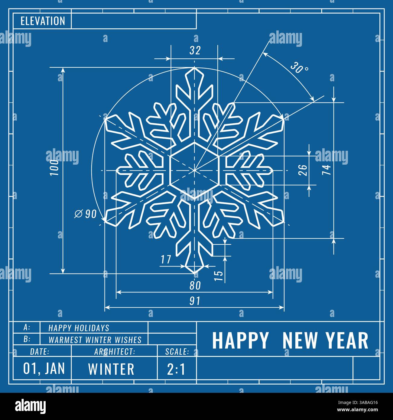 Snowflake as technical blueprint drawing. Christmas technical concept ...