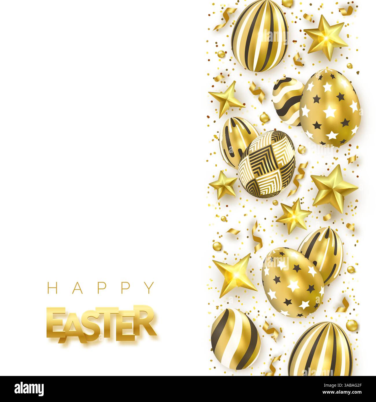 Easter banner with realistic golden decorated eggs, ribbons, stars and ...