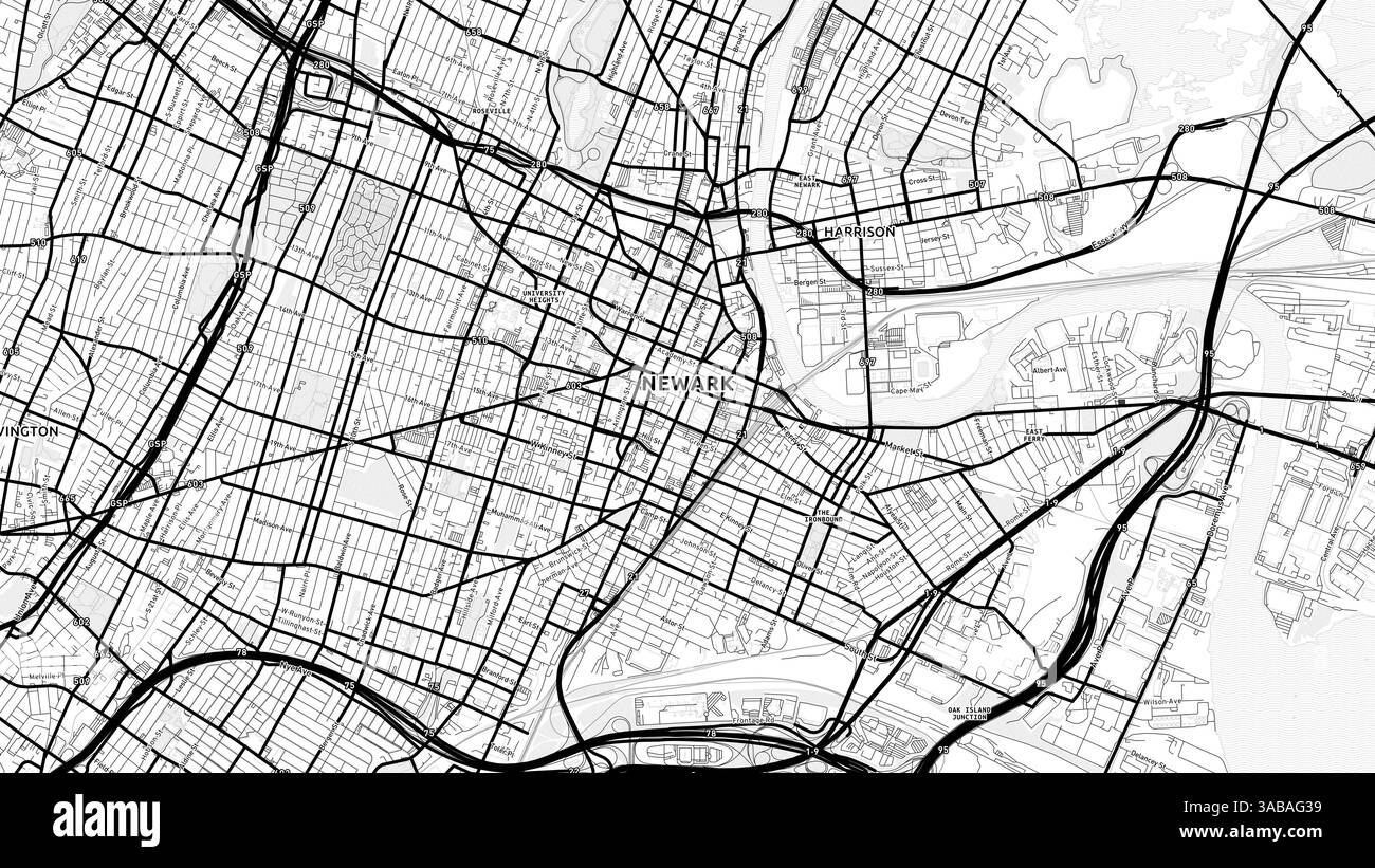 Minimalist Newark Street Map with Labels and Neighborhoods with many ...