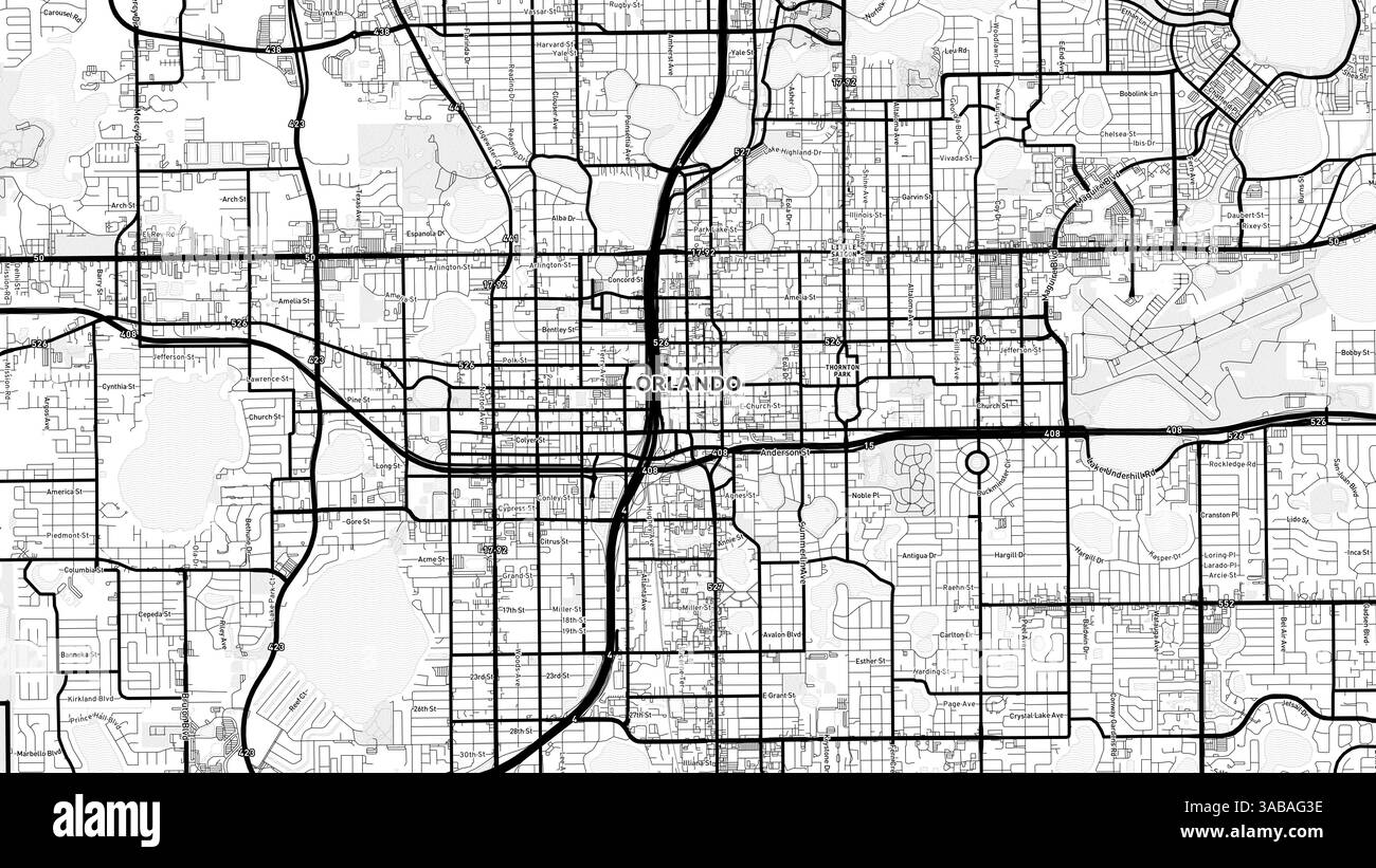 Minimalist Orlando Street Map with Labels and Neighborhoods with many ...