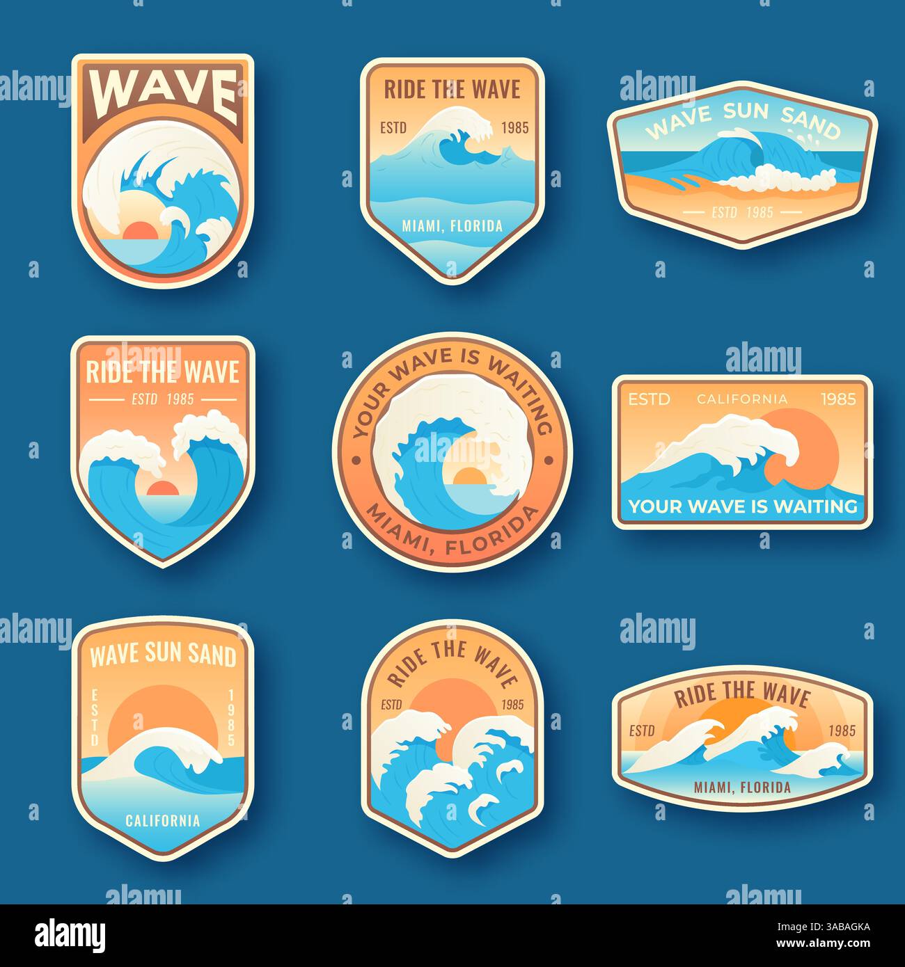 Set of nine summer holidays emblems. Labels with sun, waves, and sand ...