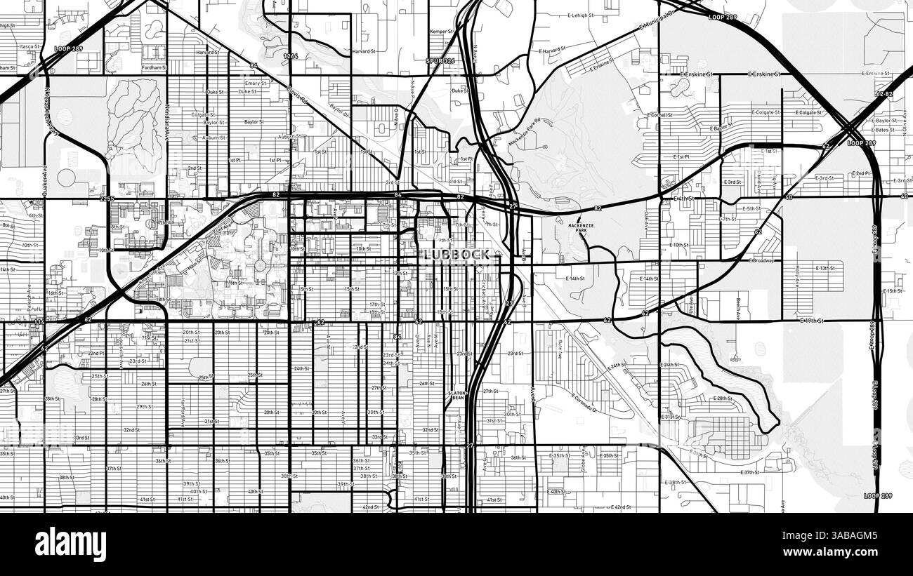Minimalist Lubbock Street Map with Labels and Neighborhoods with many details for urban roads ...