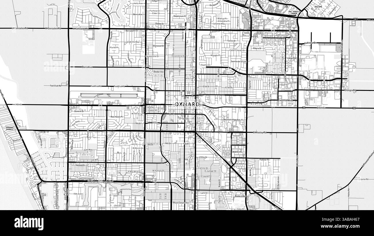 Minimalist Oxnard Street Map with Labels and Neighborhoods with many ...