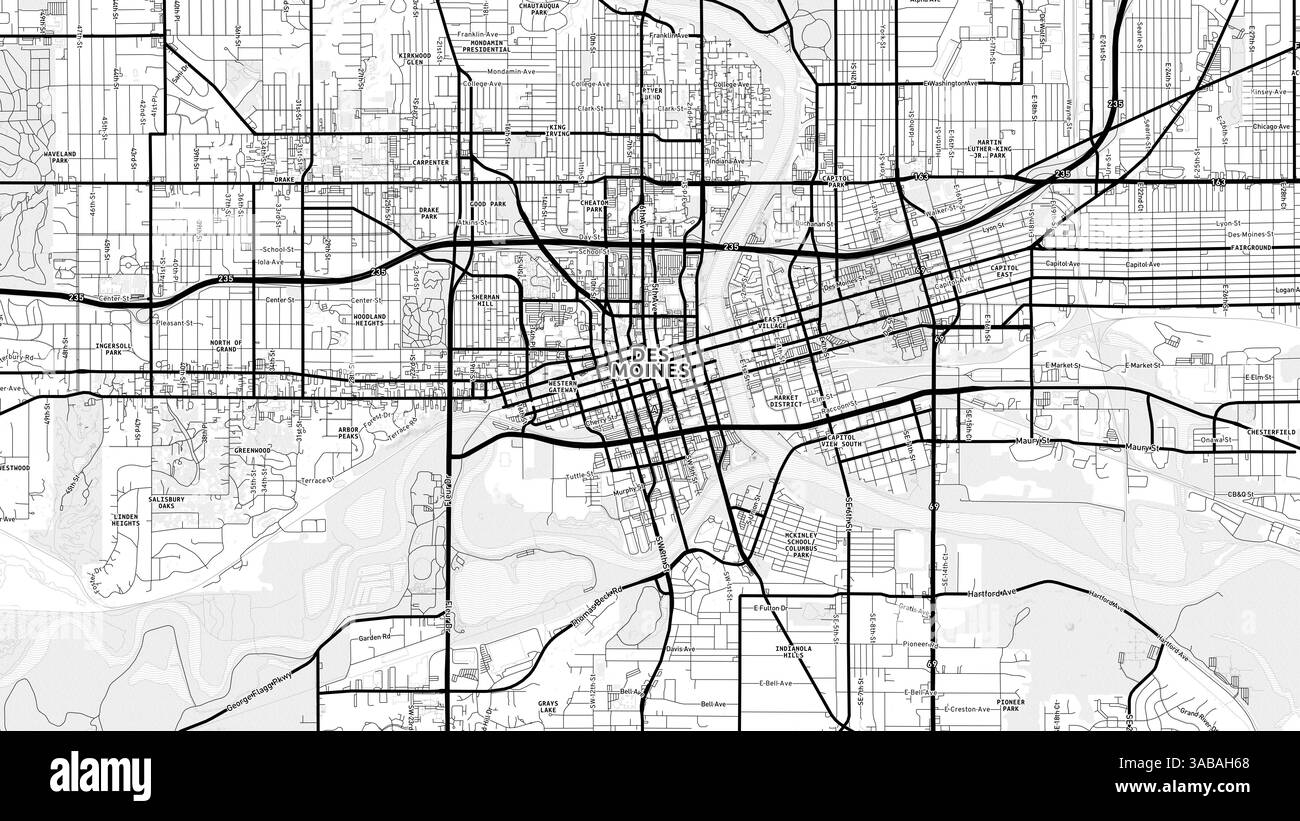 Minimalist Des Moines Street Map with Labels and Neighborhoods with ...