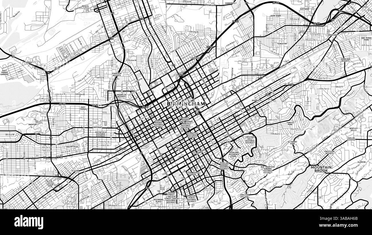 Minimalist Birmingham Street Map with Labels and Neighborhoods with ...
