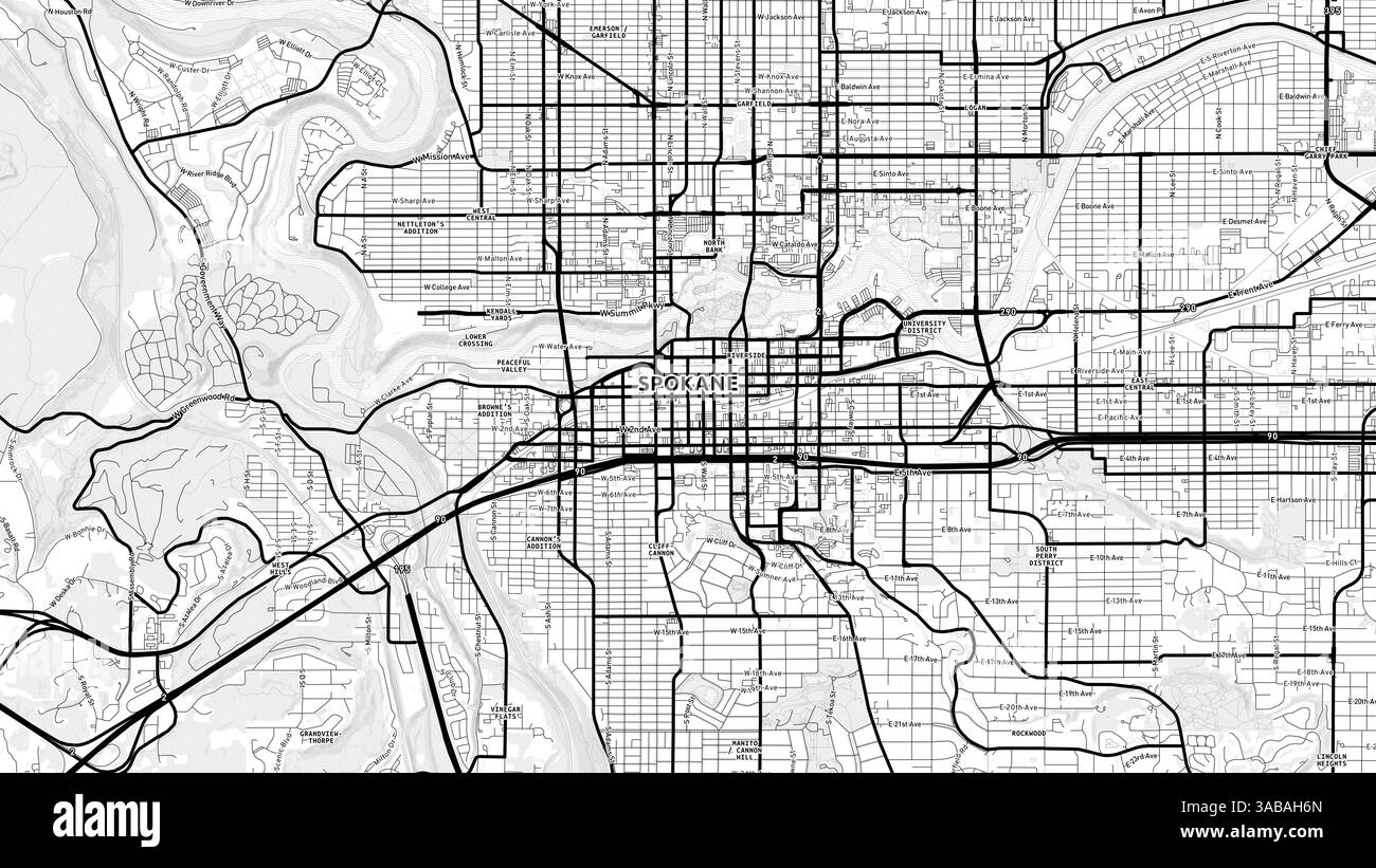 Minimalist Spokane Street Map with Labels and Neighborhoods with many ...