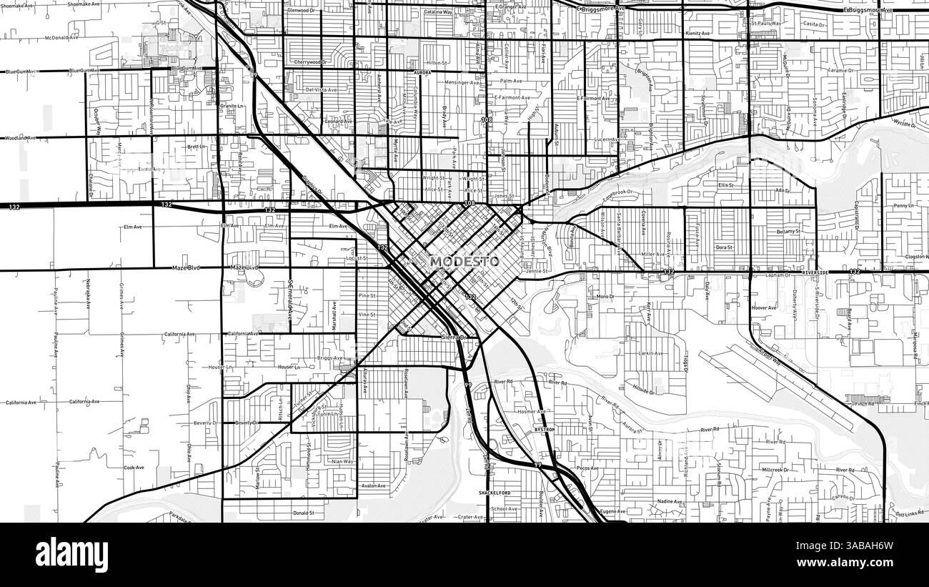 Minimalist Modesto Street Map with Labels and Neighborhoods with many ...