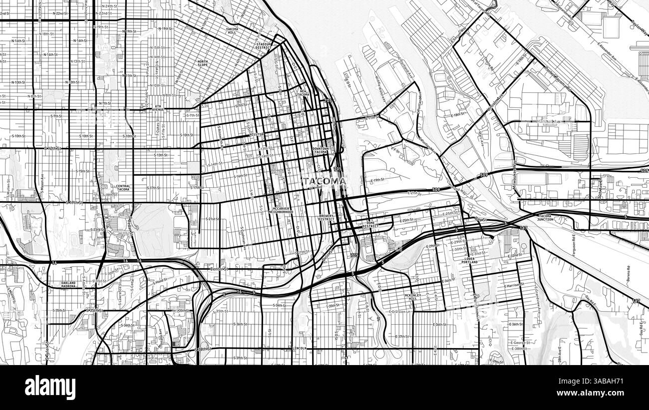 Minimalist Tacoma Street Map with Labels and Neighborhoods with many ...