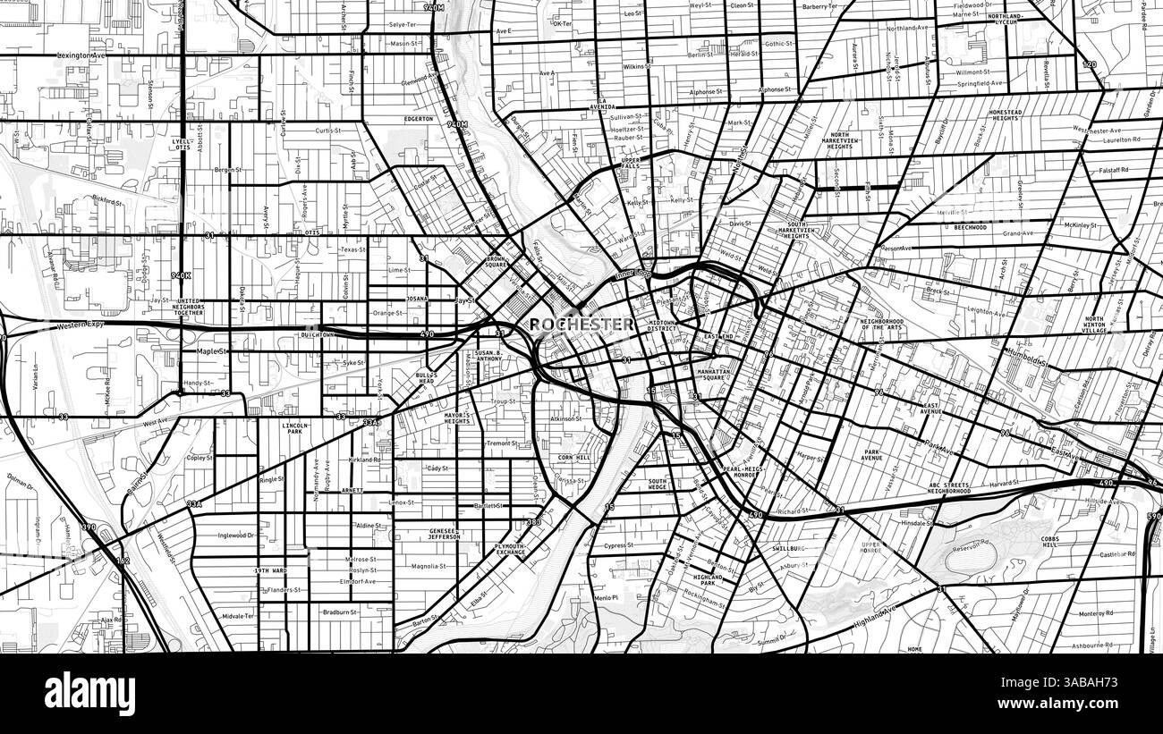 Minimalist Rochester Street Map with Labels and Neighborhoods with many ...