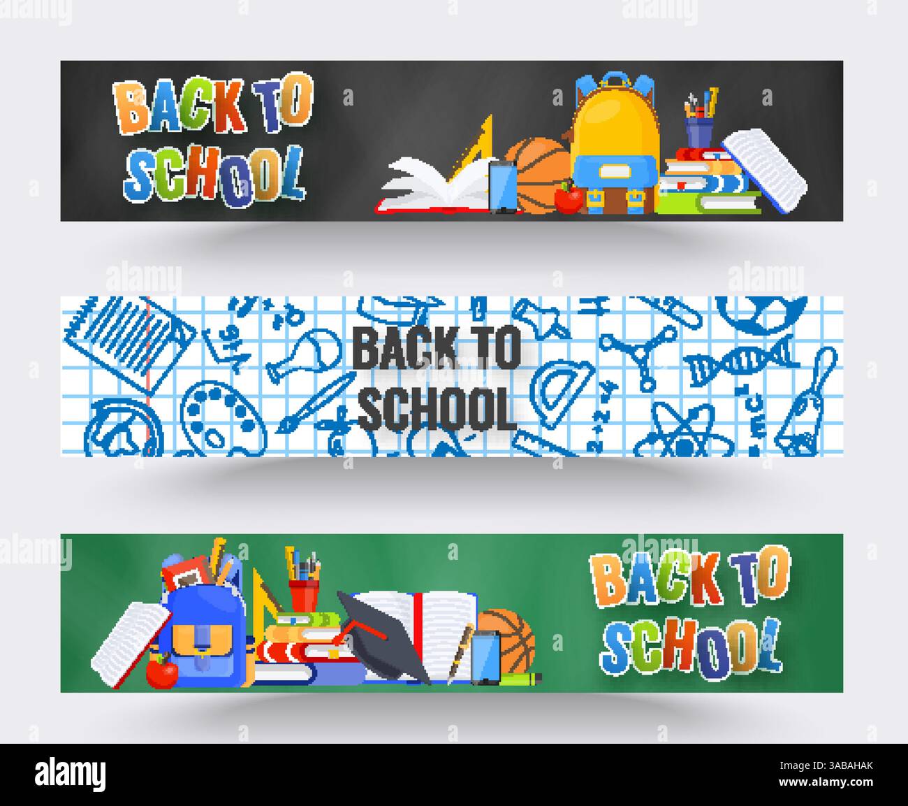 Three horizontal back to school banners. Backpack, basketball ball, pen ...