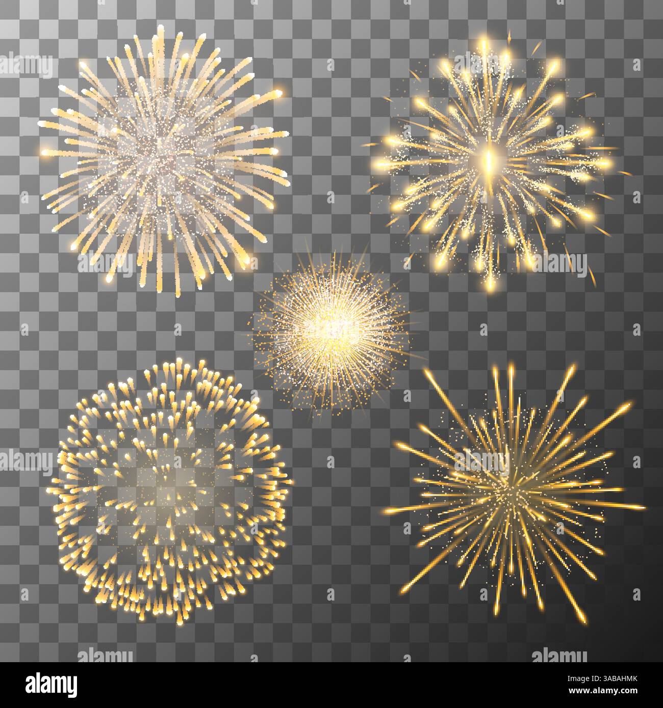 Set of five vector fireworks bursting in various shapes. Firework explosion in night ...