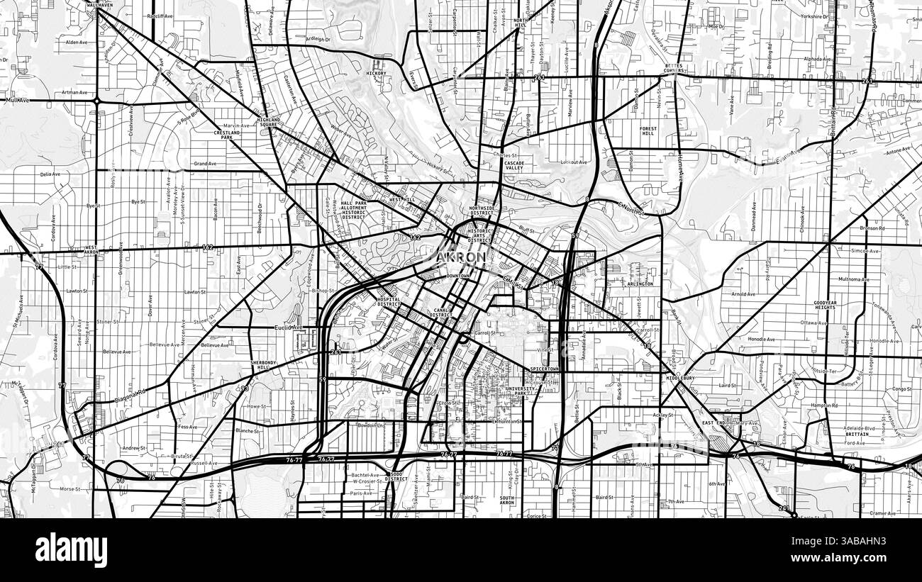Minimalist Akron Street Map with Labels and Neighborhoods with many ...