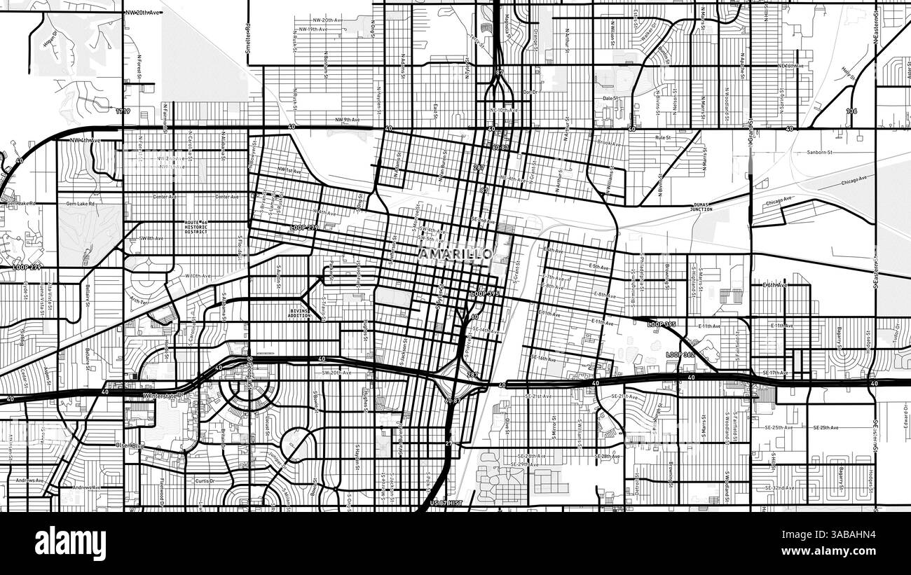 Minimalist Amarillo Street Map with Labels and Neighborhoods with many ...