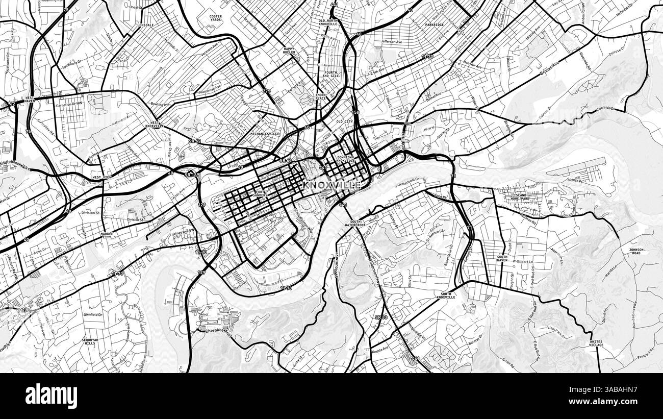 Minimalist Knoxville Street Map with Labels and Neighborhoods with many ...