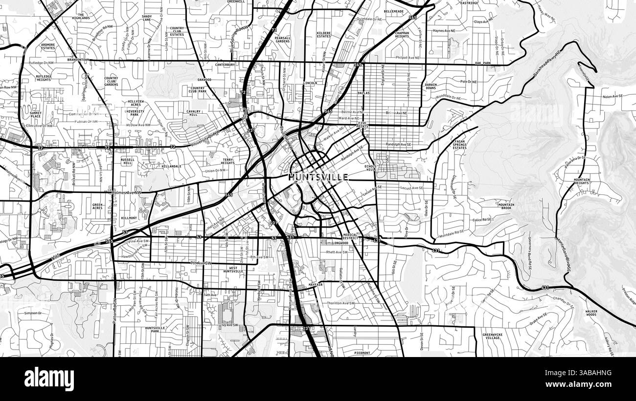 Minimalist Huntsville Street Map with Labels and Neighborhoods with ...