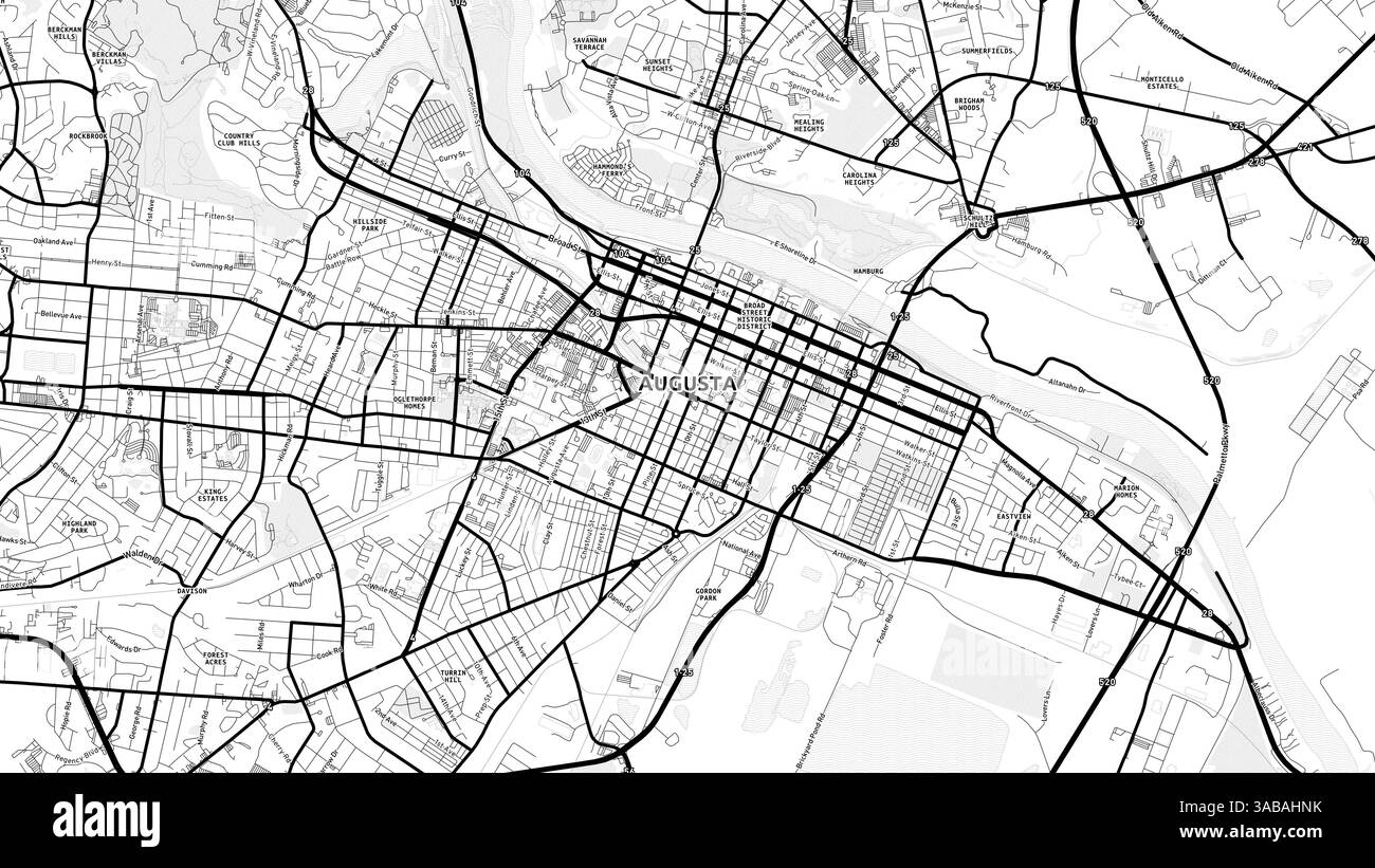 Minimalist Augusta Street Map with Labels and Neighborhoods with many ...
