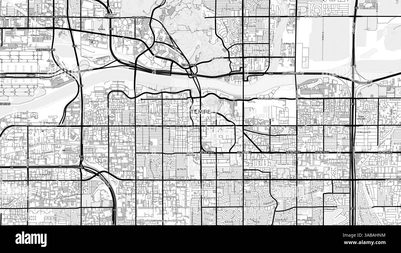 Minimalist Tempe Street Map with Labels and Neighborhoods with many ...