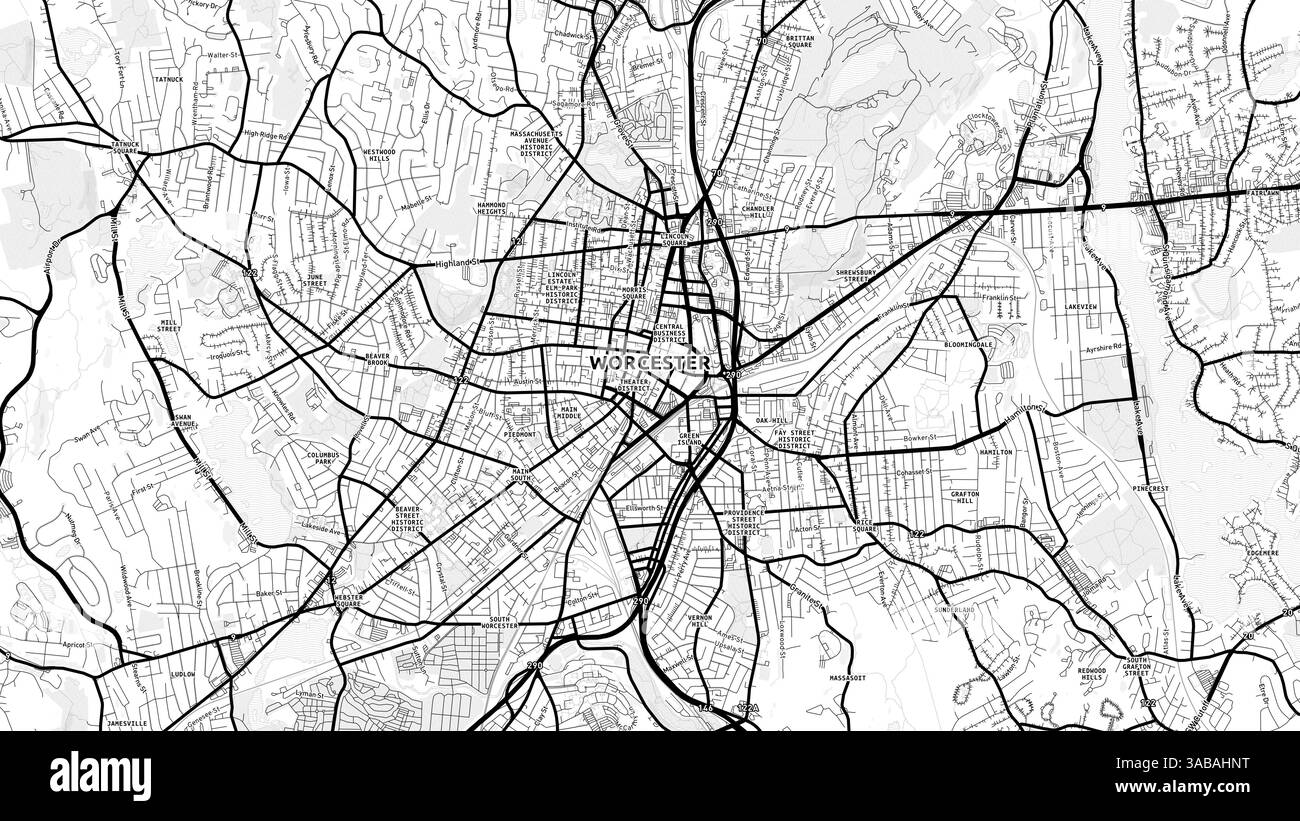 Minimalist Worcester Street Map with Labels and Neighborhoods with many ...