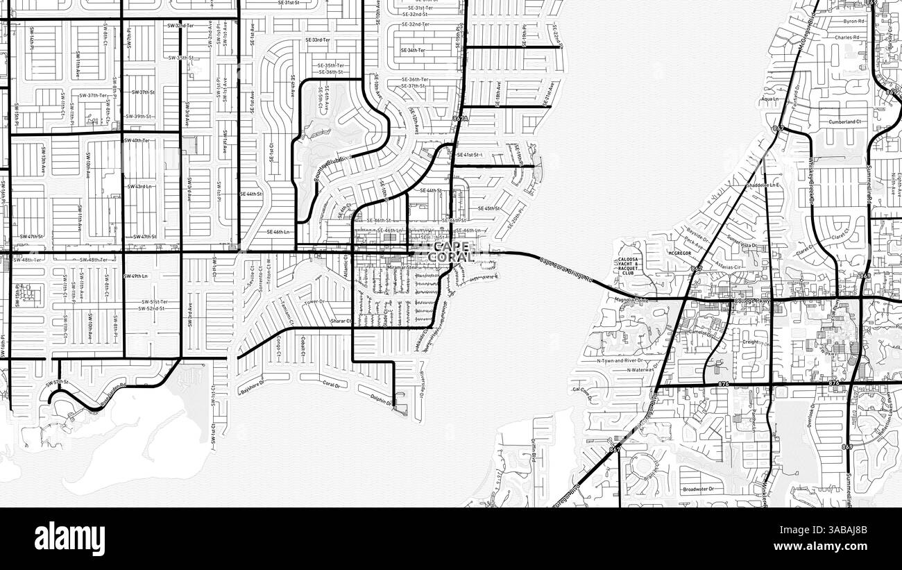 Minimalist Cape Coral Street Map with Labels and Neighborhoods with ...
