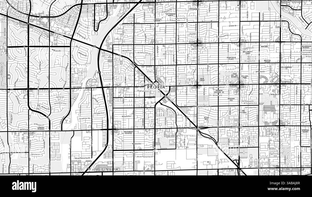 Minimalist Peoria Street Map with Labels and Neighborhoods with many ...