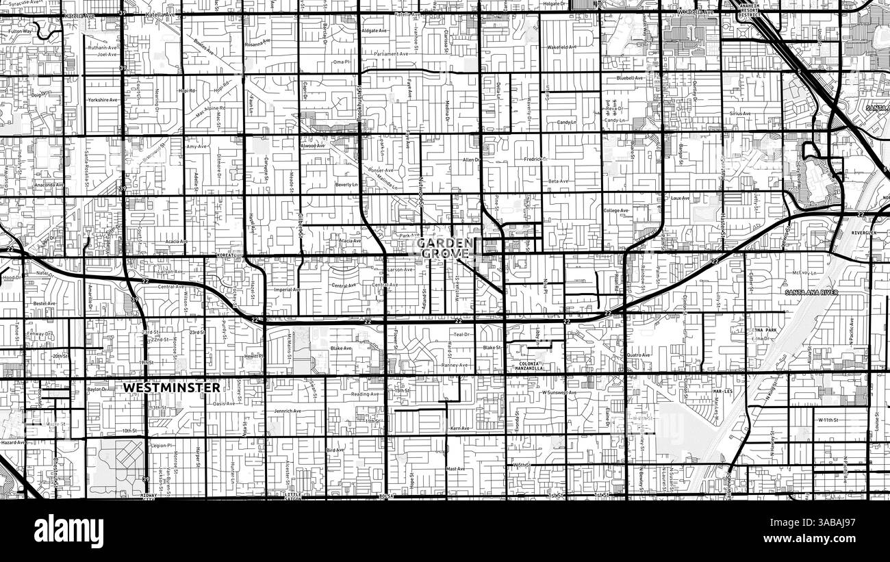 Minimalist Garden Grove Street Map with Labels and Neighborhoods with ...