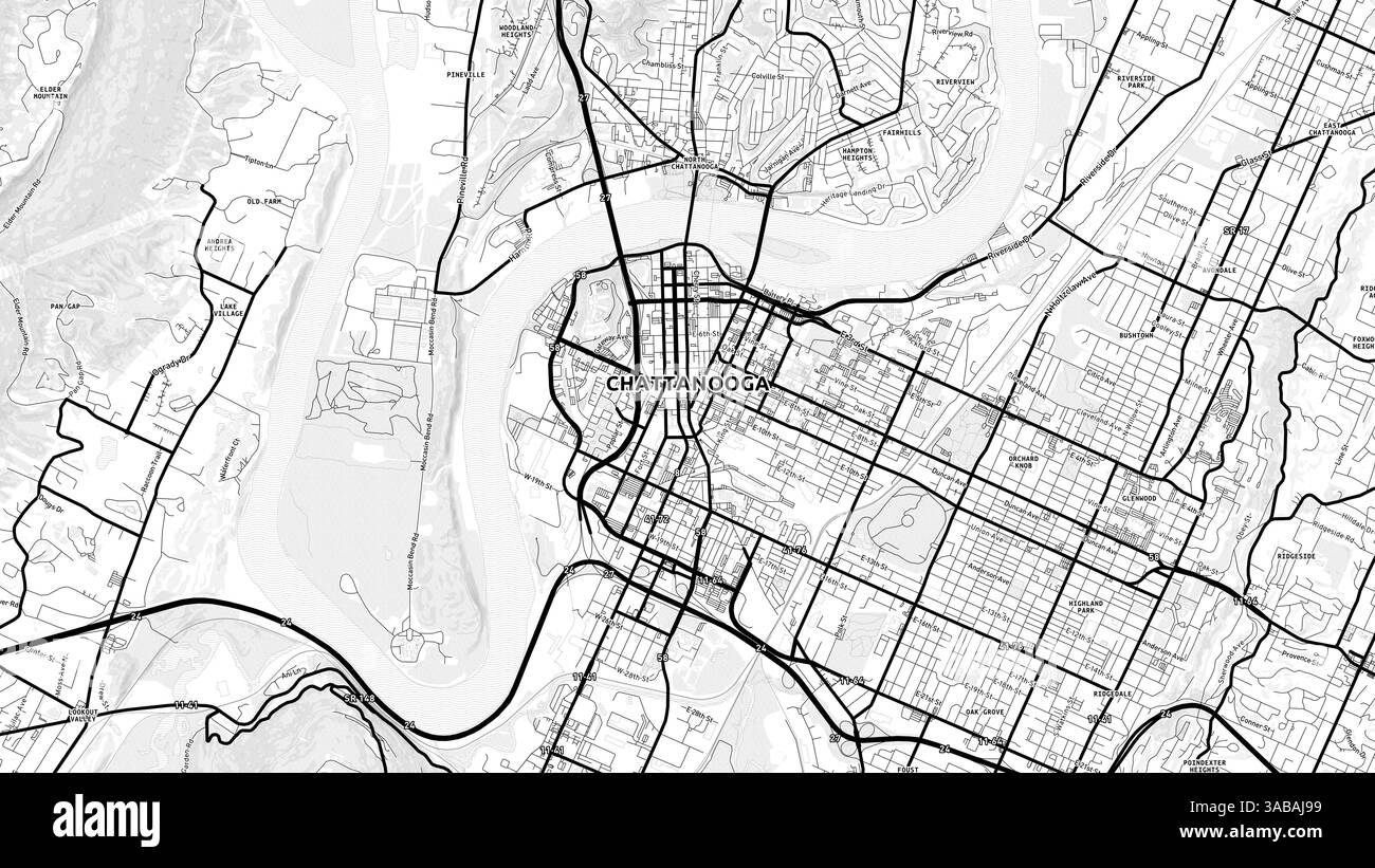 Minimalist Chattanooga Street Map with Labels and Neighborhoods with ...