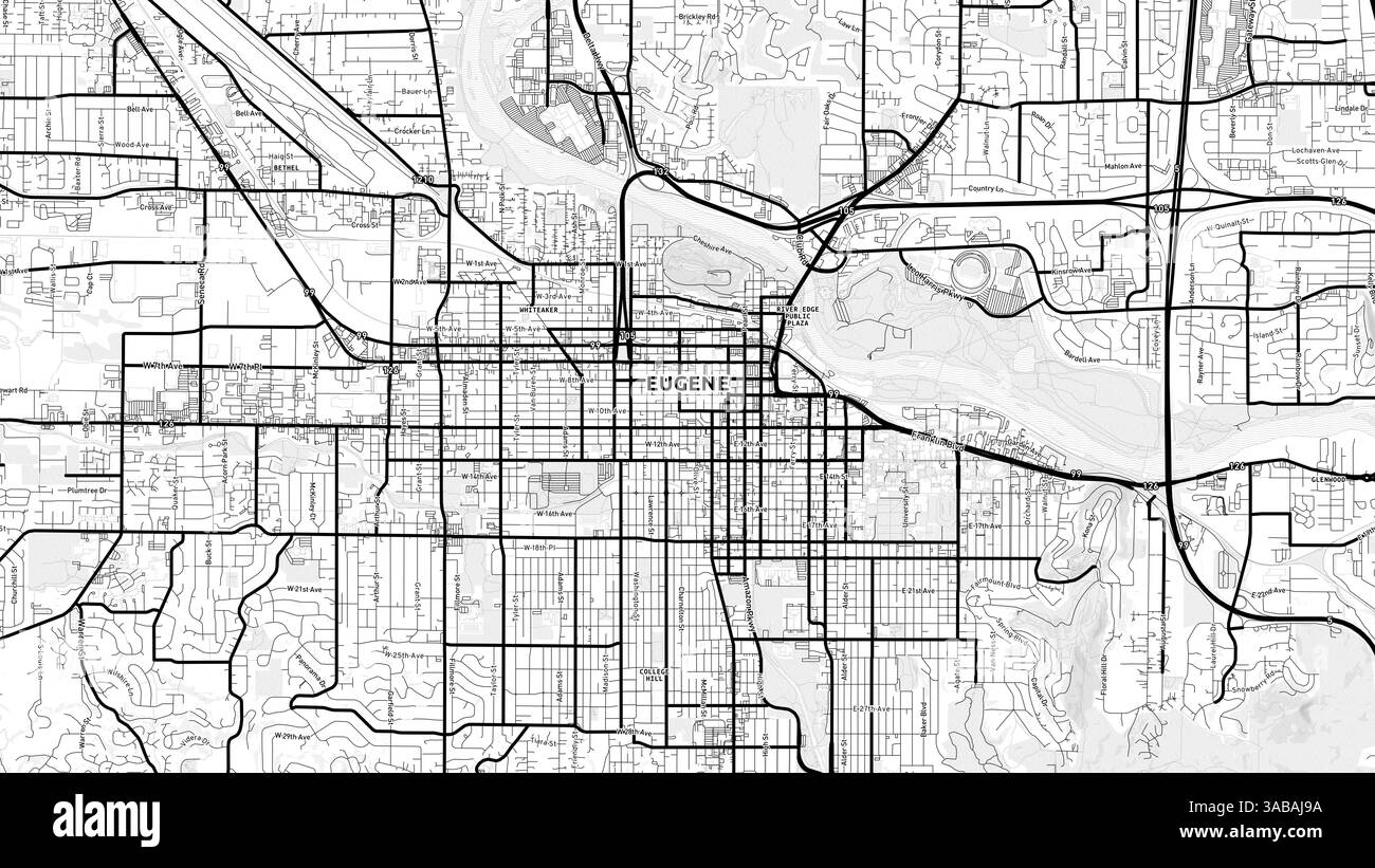 Minimalist Eugene Street Map with Labels and Neighborhoods with many ...