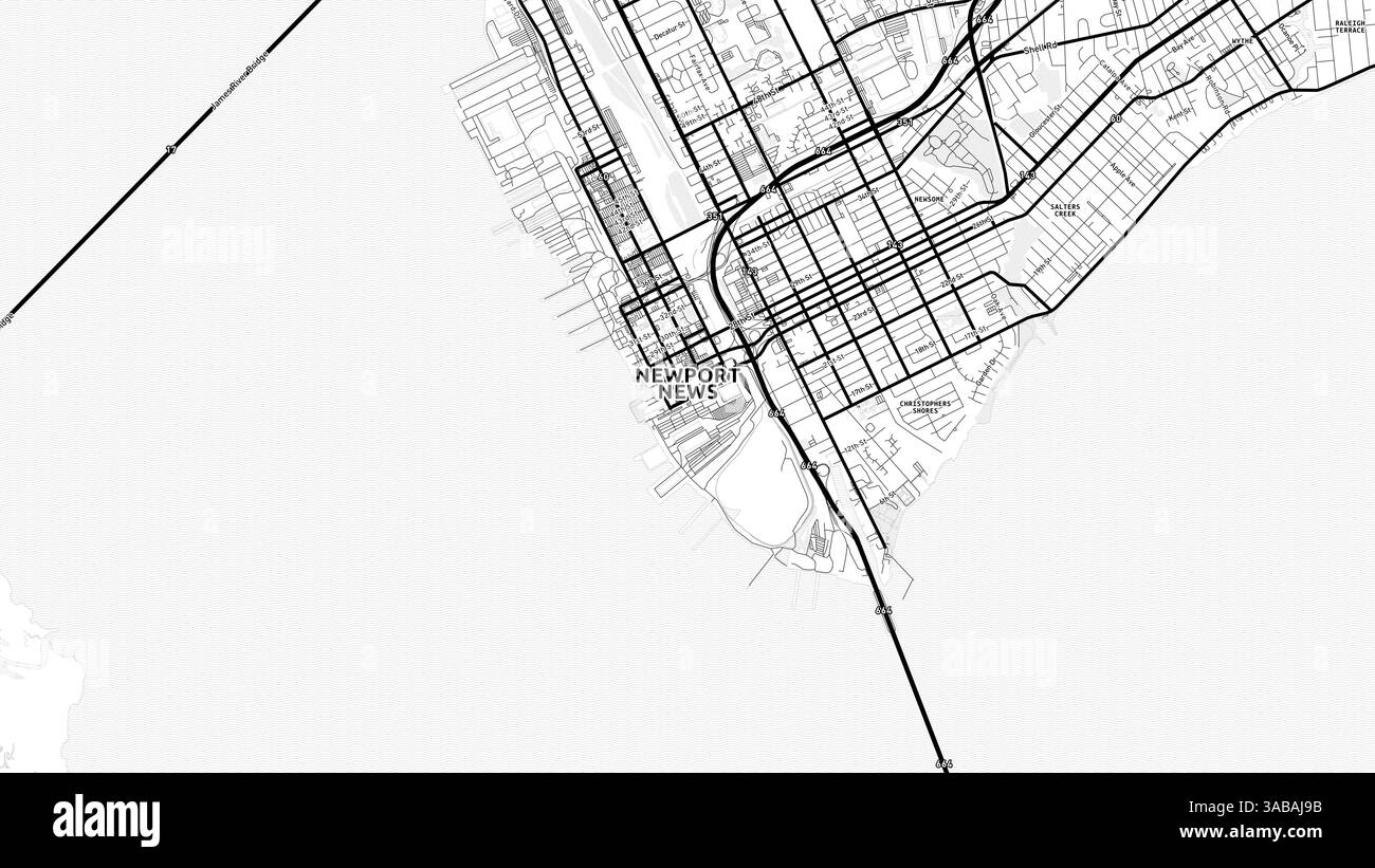 Minimalist Newport News Street Map with Labels and Neighborhoods with ...