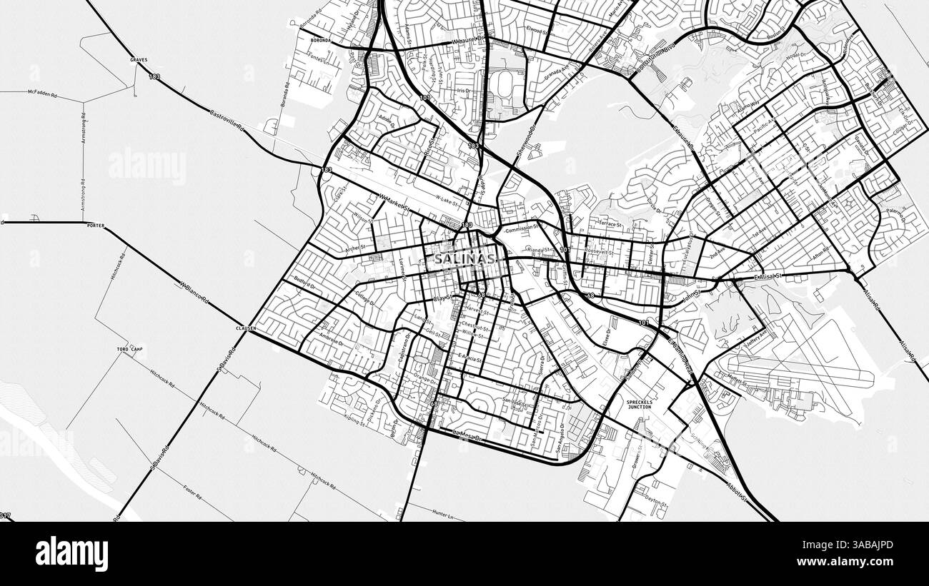 Minimalist Salinas Street Map with Labels and Neighborhoods with many ...