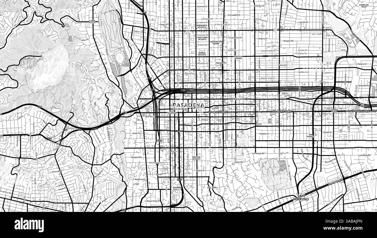 Minimalist Pasadena Street Map with Labels and Neighborhoods with many ...