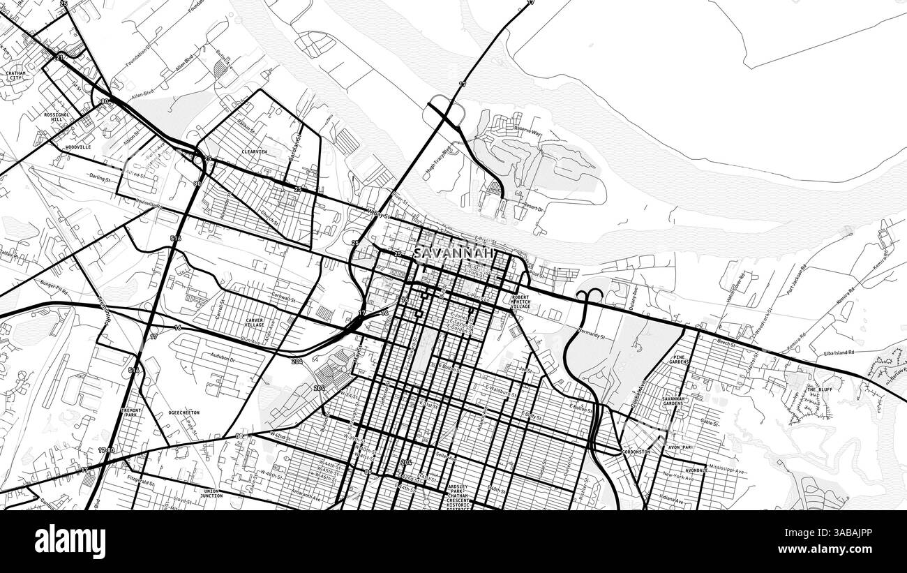Minimalist Savannah Street Map with Labels and Neighborhoods with many ...