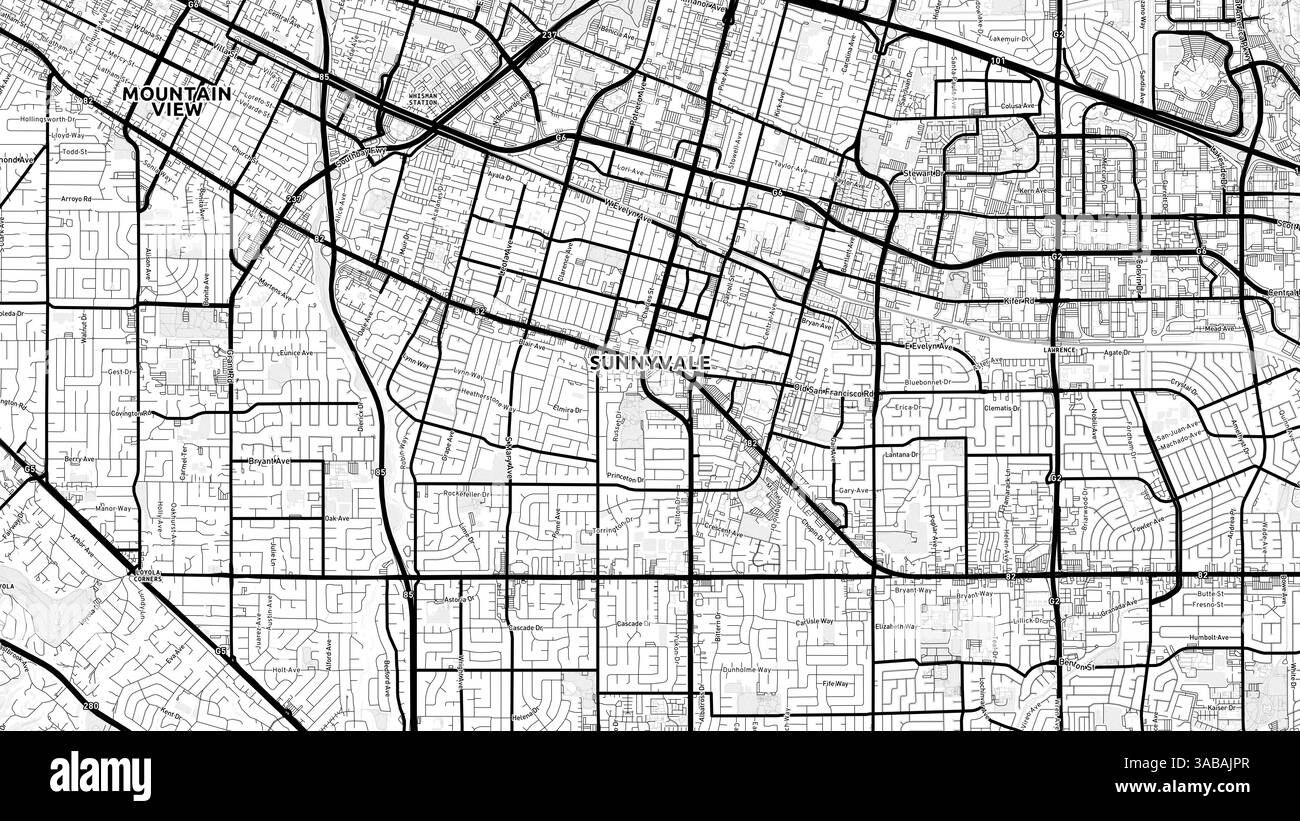 Minimalist Sunnyvale Street Map with Labels and Neighborhoods with many ...