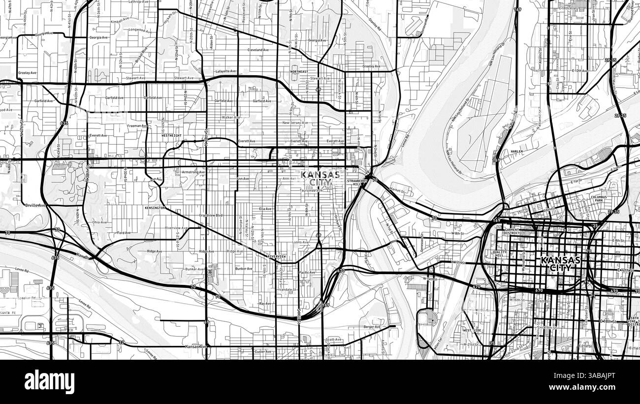 Minimalist Kansas City Street Map with Labels and Neighborhoods with ...