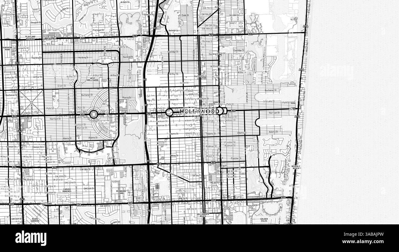 Minimalist Hollywood Street Map with Labels and Neighborhoods with many ...