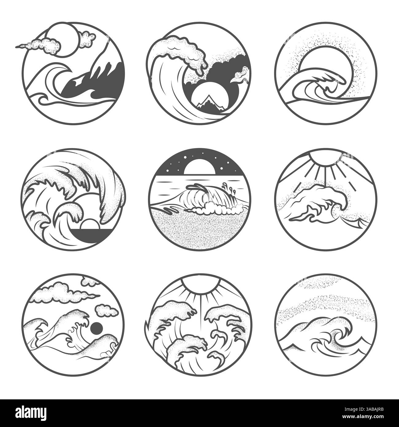 Set of nine summer holidays emblems. Labels with sun, waves, and sand ...