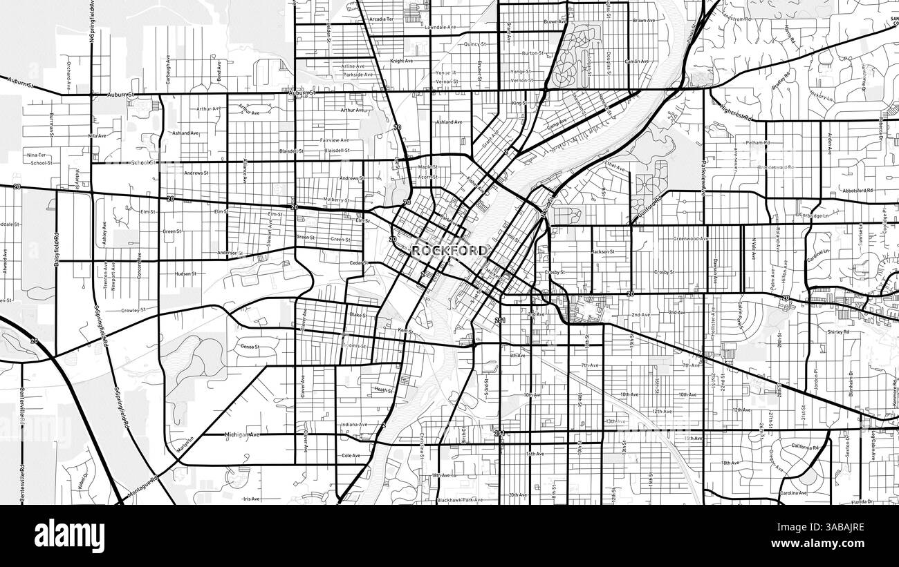 Minimalist Rockford Street Map with Labels and Neighborhoods with many ...